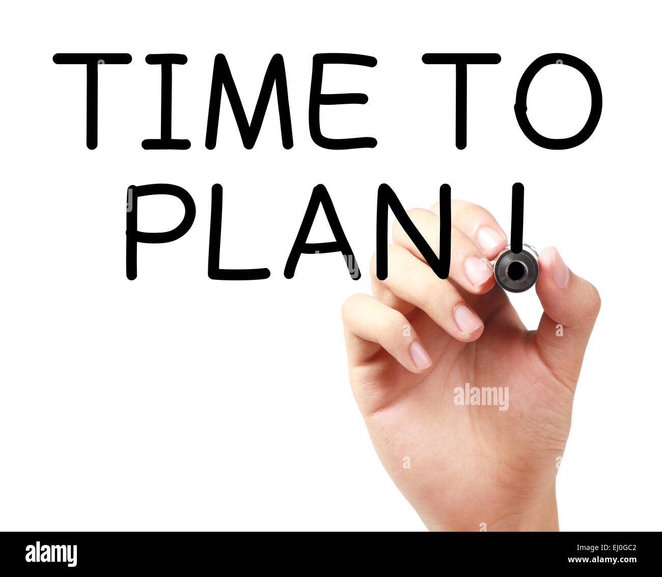 Hand writing Time To Plan with black marker on transparent wipe board ...