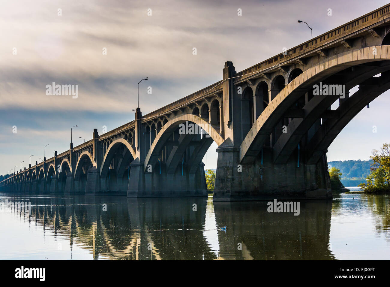 The Veterans Memorial Bridge reflecting in the Susquehanna River, in ...