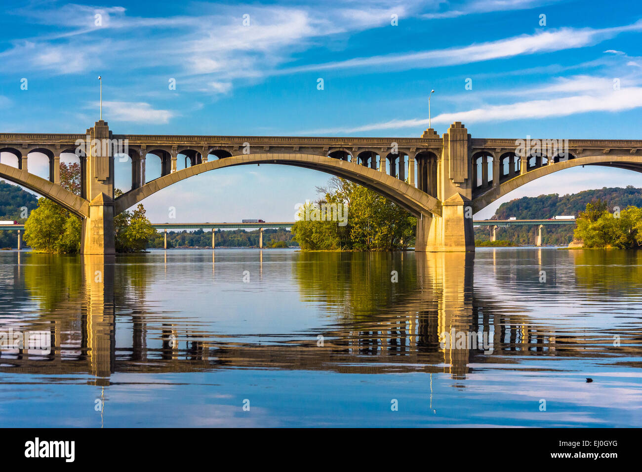 The Veterans Memorial Bridge reflecting in the Susquehanna River, in ...