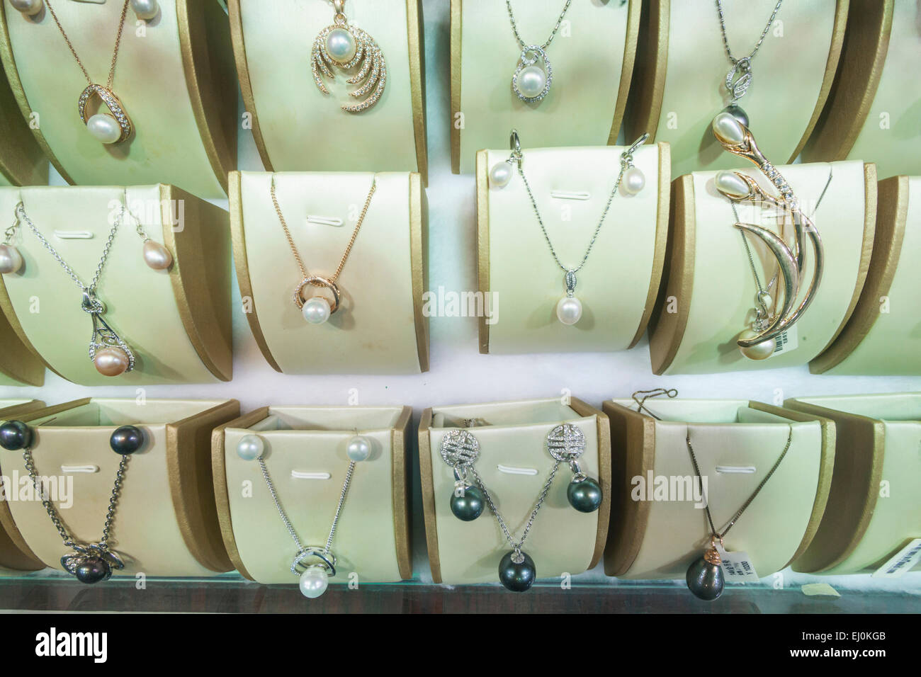 China, Shanghai, Yuyuan Garden, Pearl Shop, Display of Pearl Necklaces ...