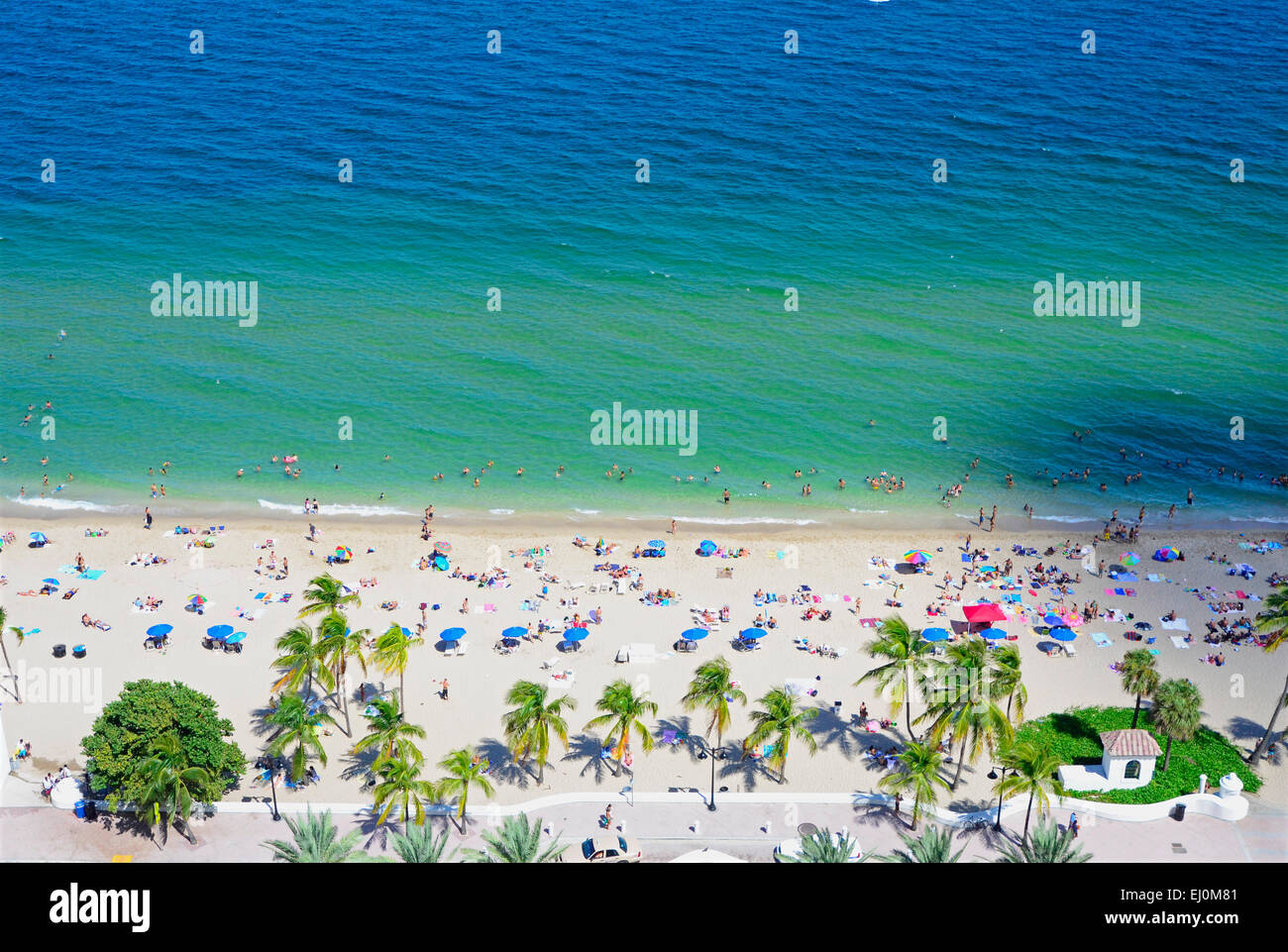 Overhead view of sunbathers lining the beach to soak up the sun and fun ...