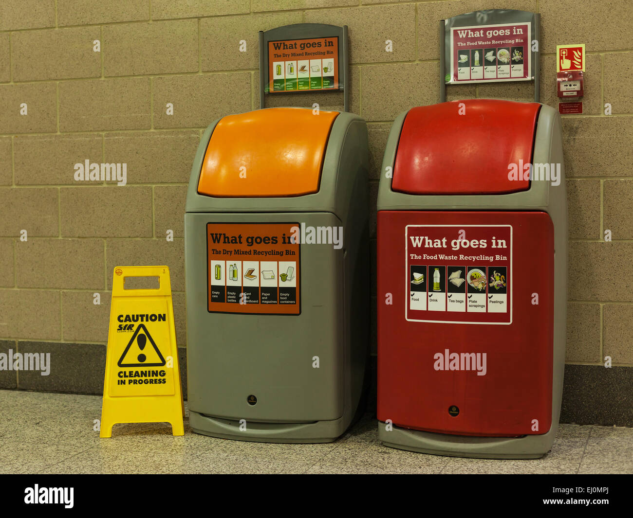 Cleaning board and recycling bins Stock Photo - Alamy