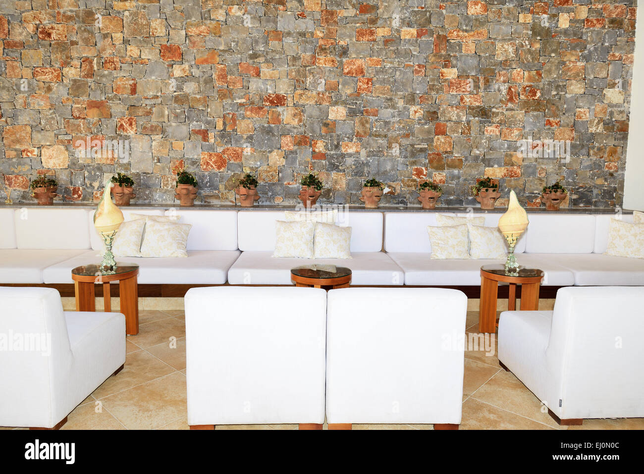 The lounge area near reception in luxury hotel, Crete, Greece Stock ...