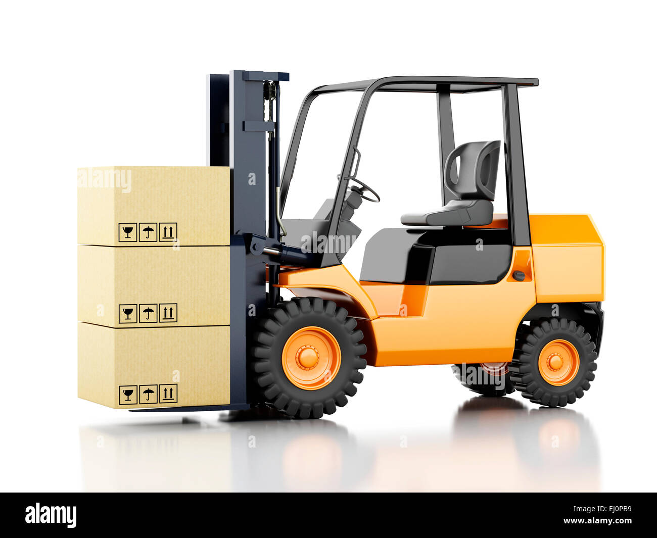 3d image. Forklift truck with cardboard boxes. Isolated white ...