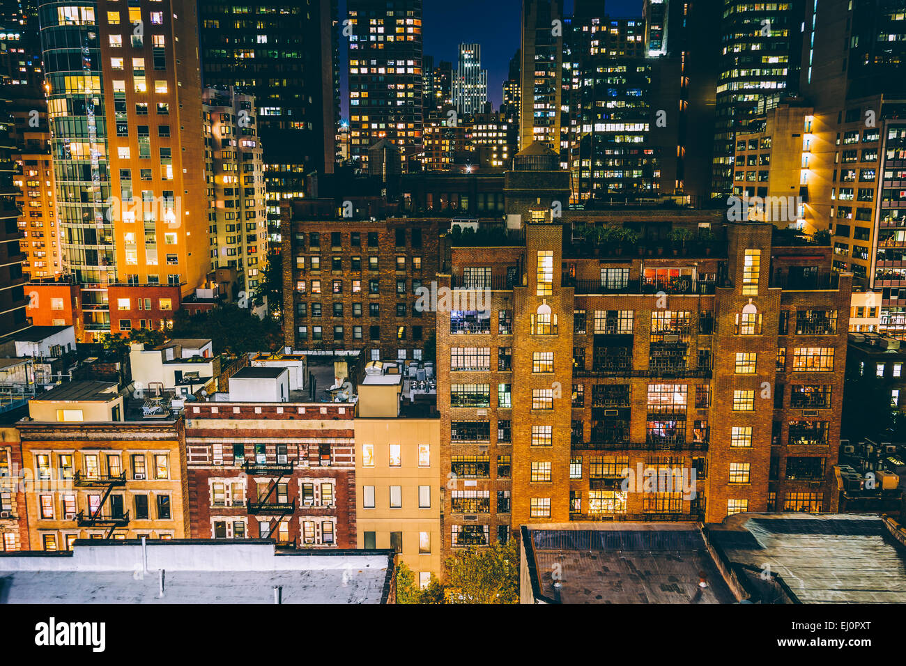 View of buildings in the Turtle Bay neighborhood at night, from a ...