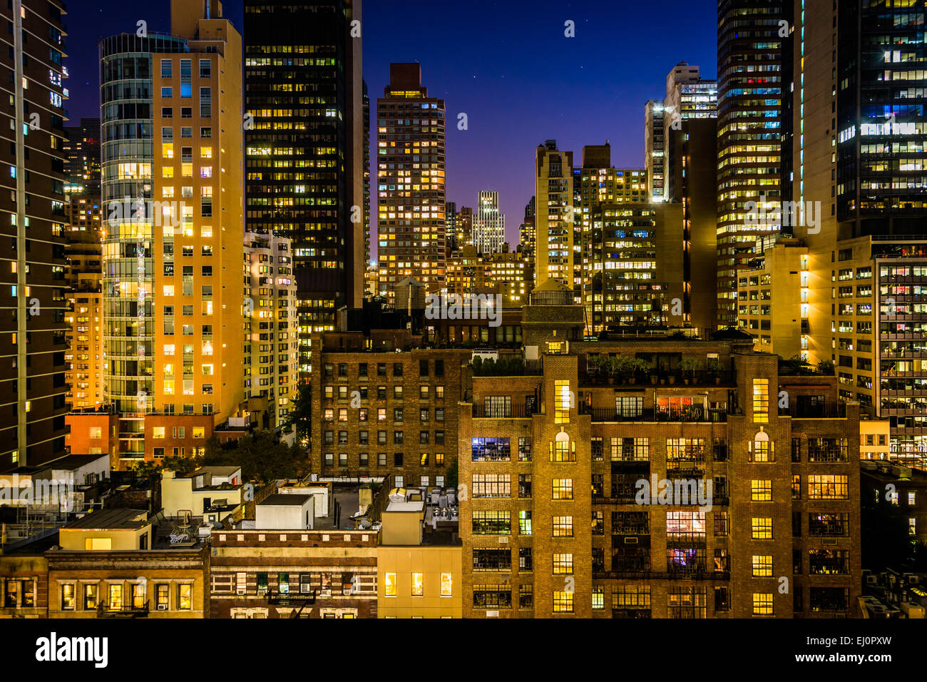 View of buildings in the Turtle Bay neighborhood at night, from a ...