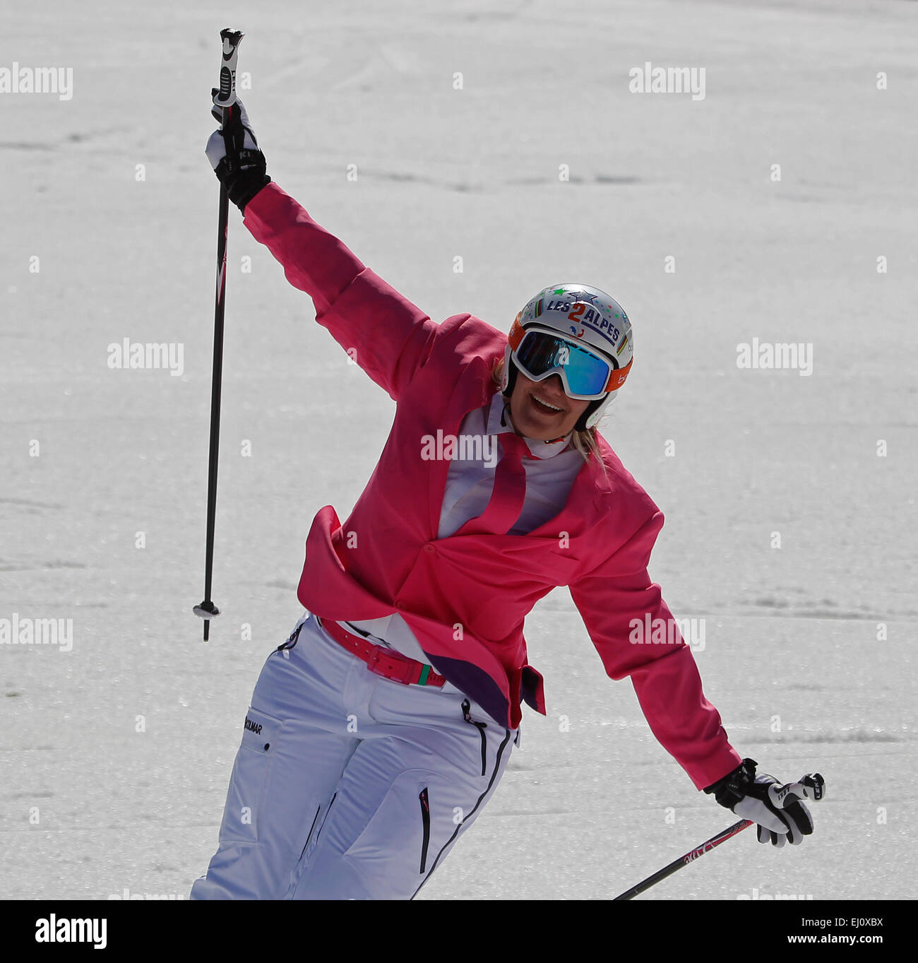 Meribel, France. 19th March, 2015. Marion Rolland reacts in the finish ...