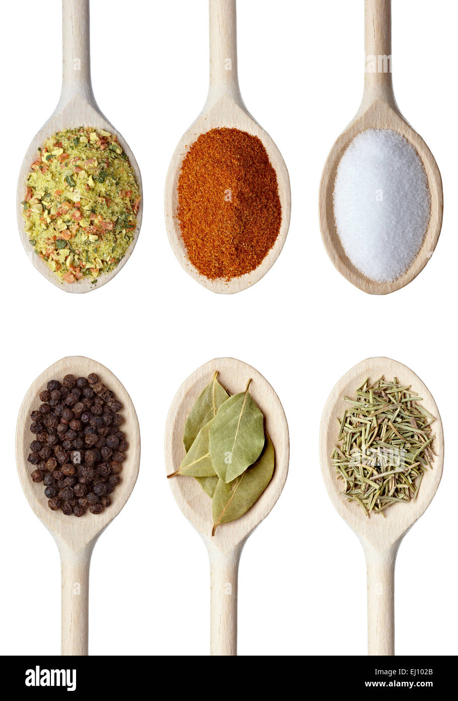 collection of various food ingrediants in wooden spoon on white ...