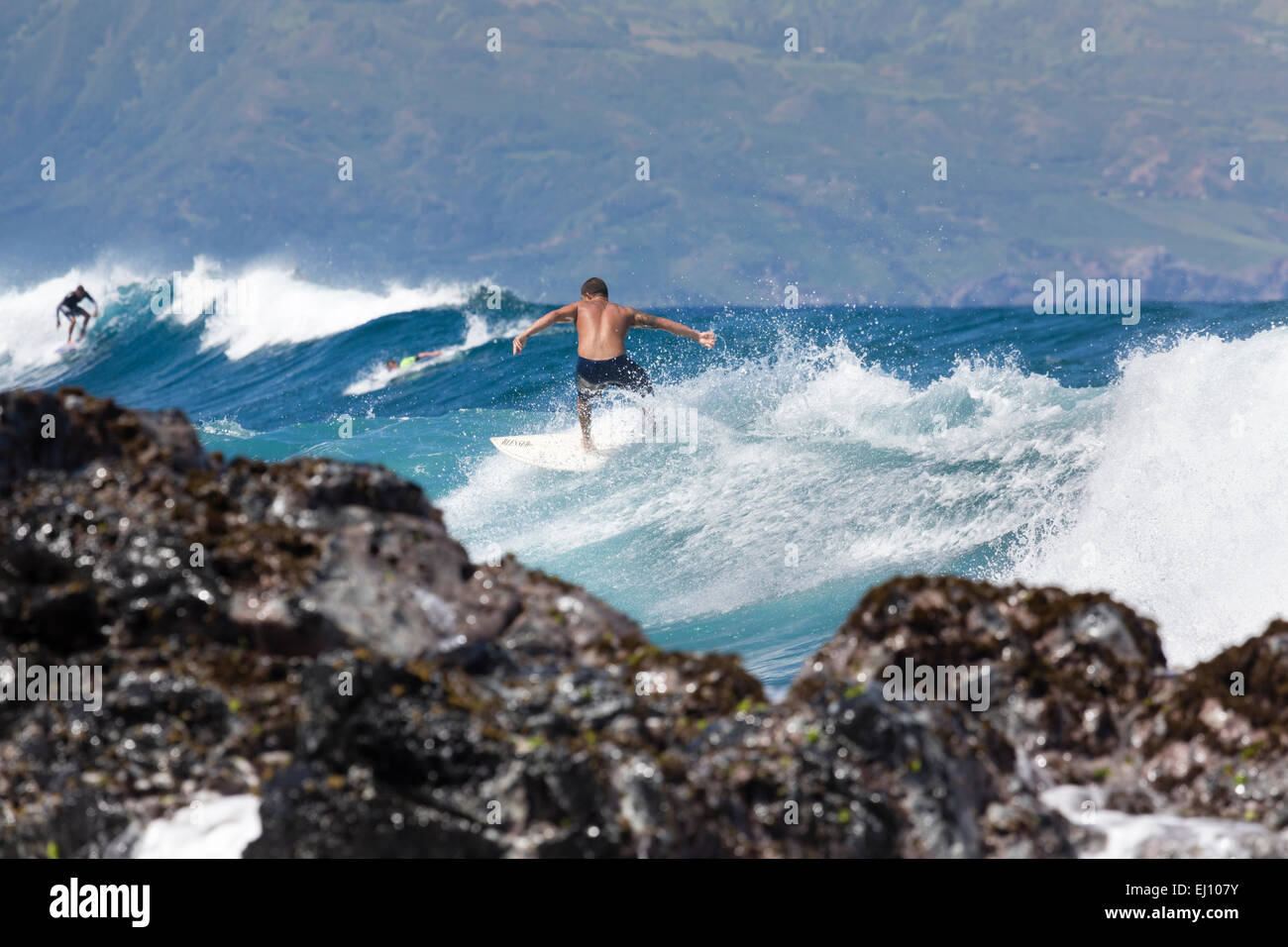 Extreme surfer riding giant ocean wave in Hawaii Stock Photo - Alamy