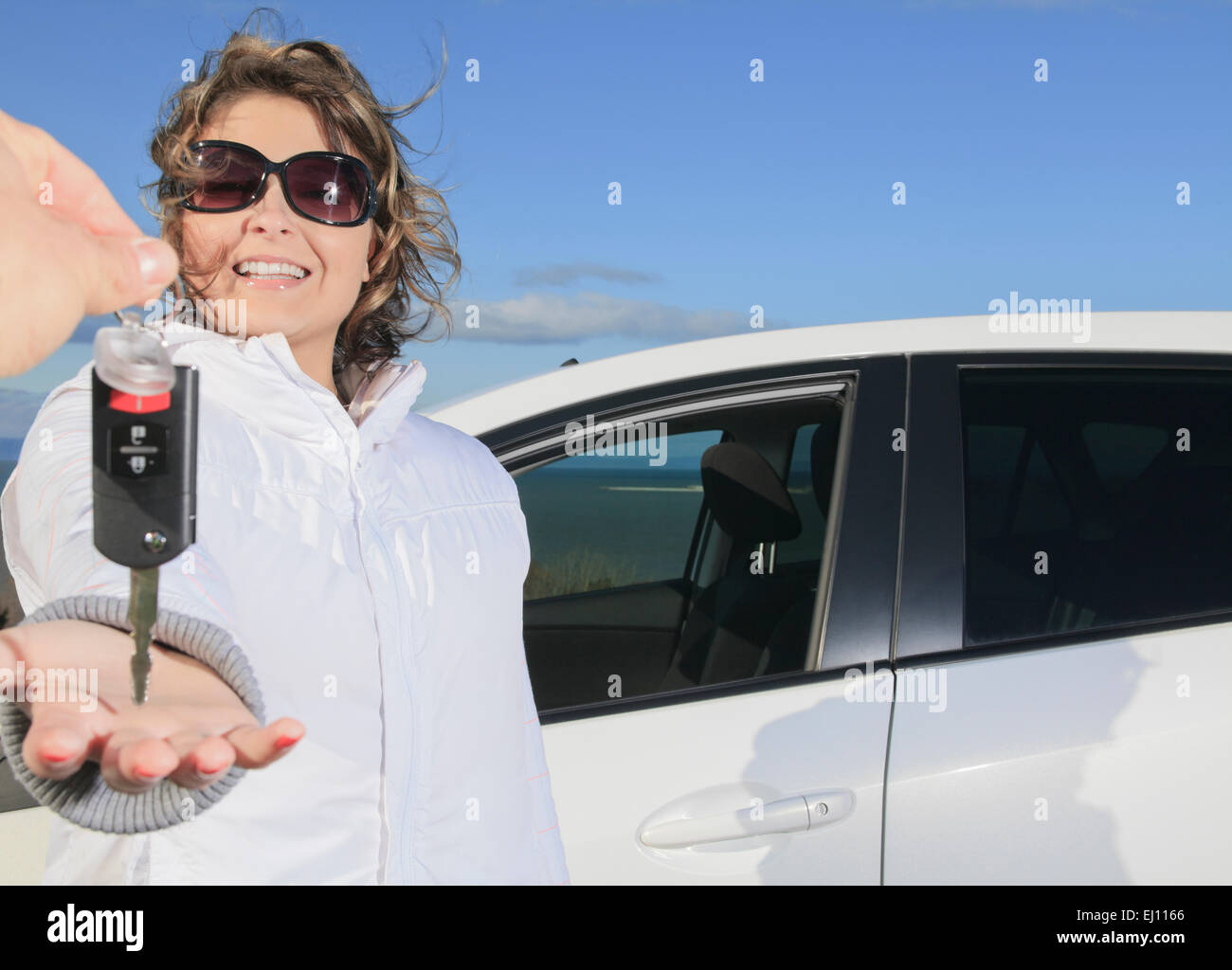 Car. Woman driver happy smiling Stock Photo - Alamy
