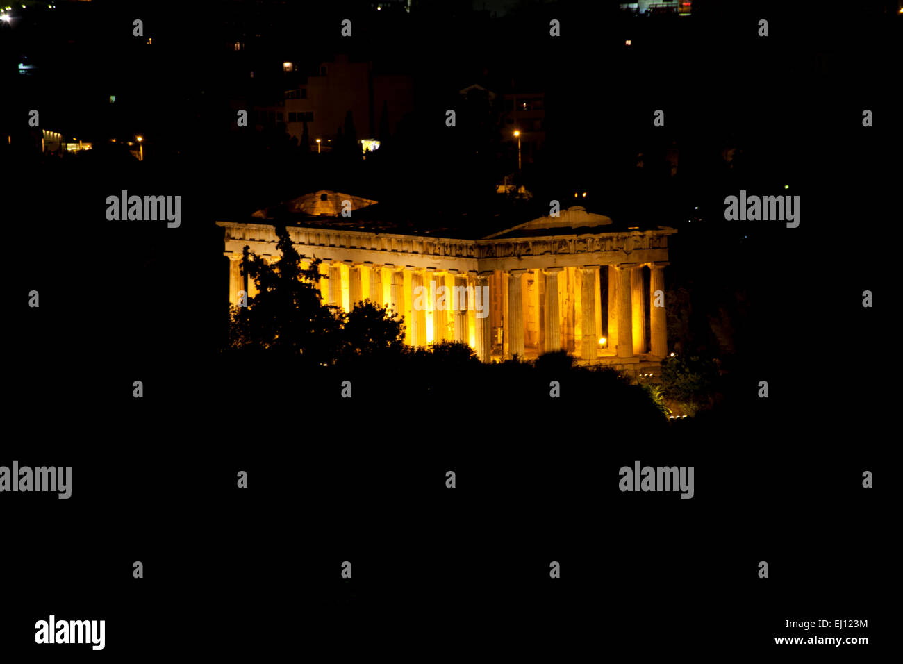The Temple of Hephaestus at night in The Agora of Athens in Athens ...