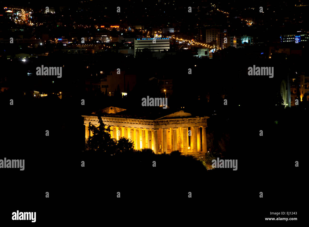 The Temple of Hephaestus at night in The Agora of Athens in Athens ...