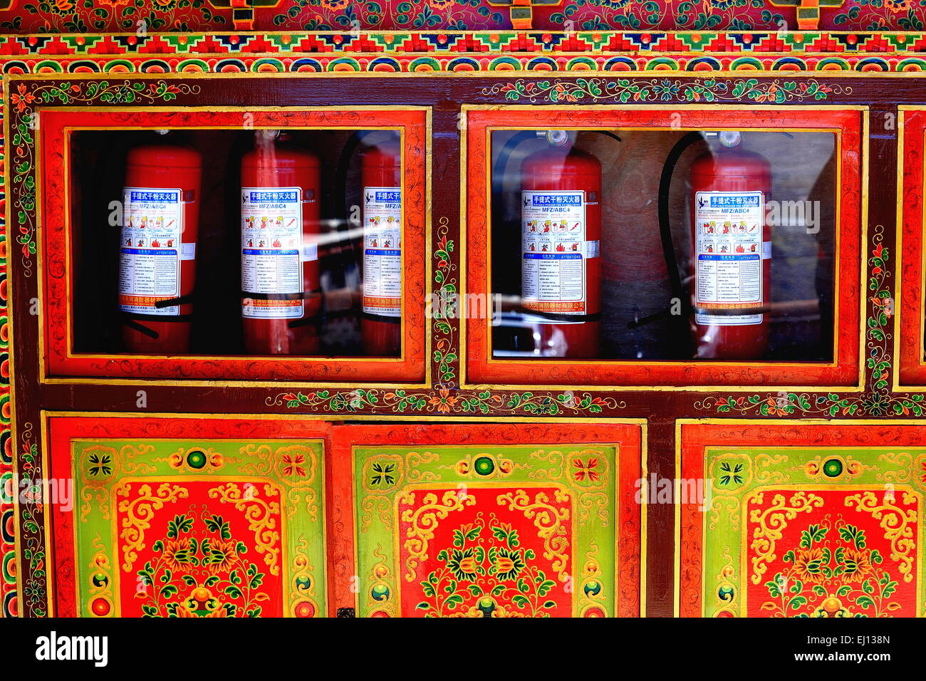 DREPUNG, TIBET, CHINA-OCTOBER 19: The monks keep fire extinguishers ...