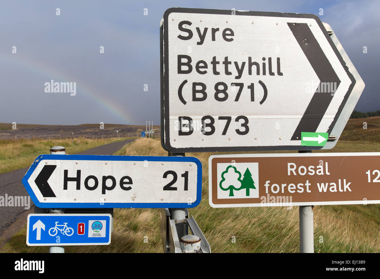 View of a road direction signs in Scotland’s county of Sutherland, on ...