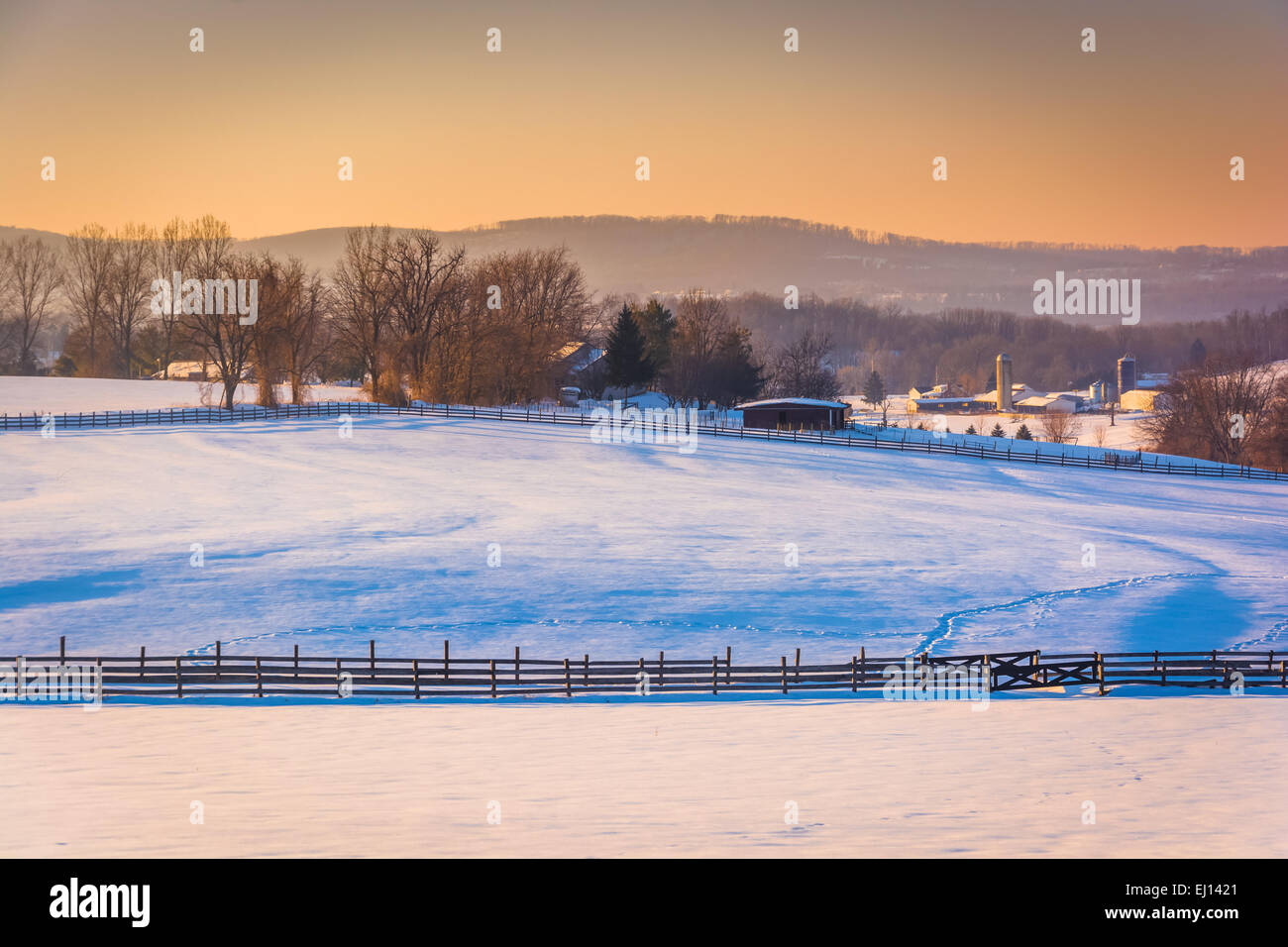 View of snow-covered farm fields and the Pigeon Hills near Spring Grove ...