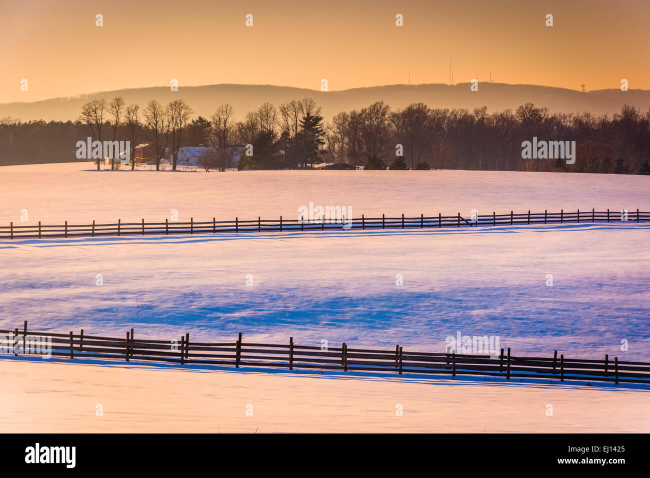View of snow-covered farm fields and the Pigeon Hills near Spring Grove ...