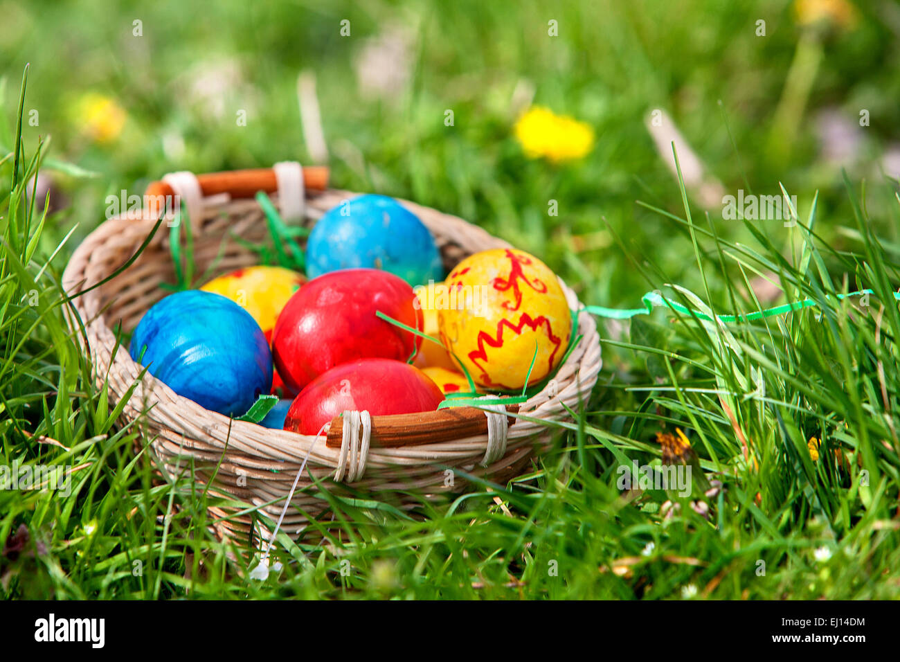 Easter eggs in basket on green grass Stock Photo - Alamy