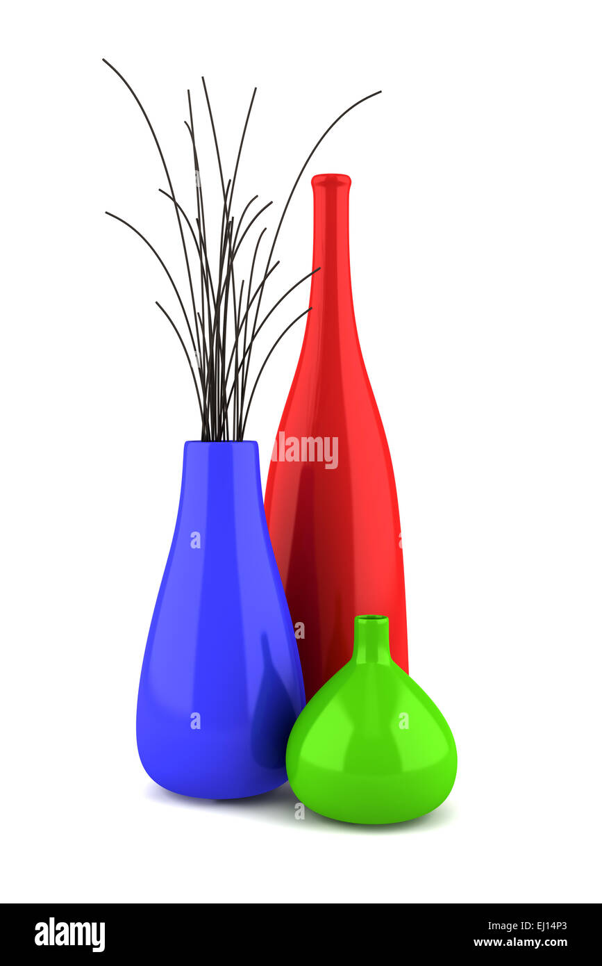 three color vases with dry wood isolated on white background Stock ...