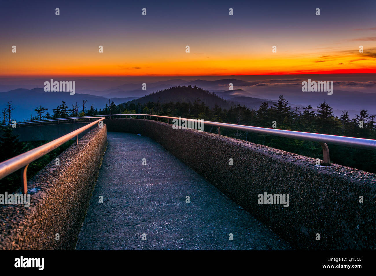 Ramp to the Clingman's Dome Observation Tower at sunset, in Great Smoky ...