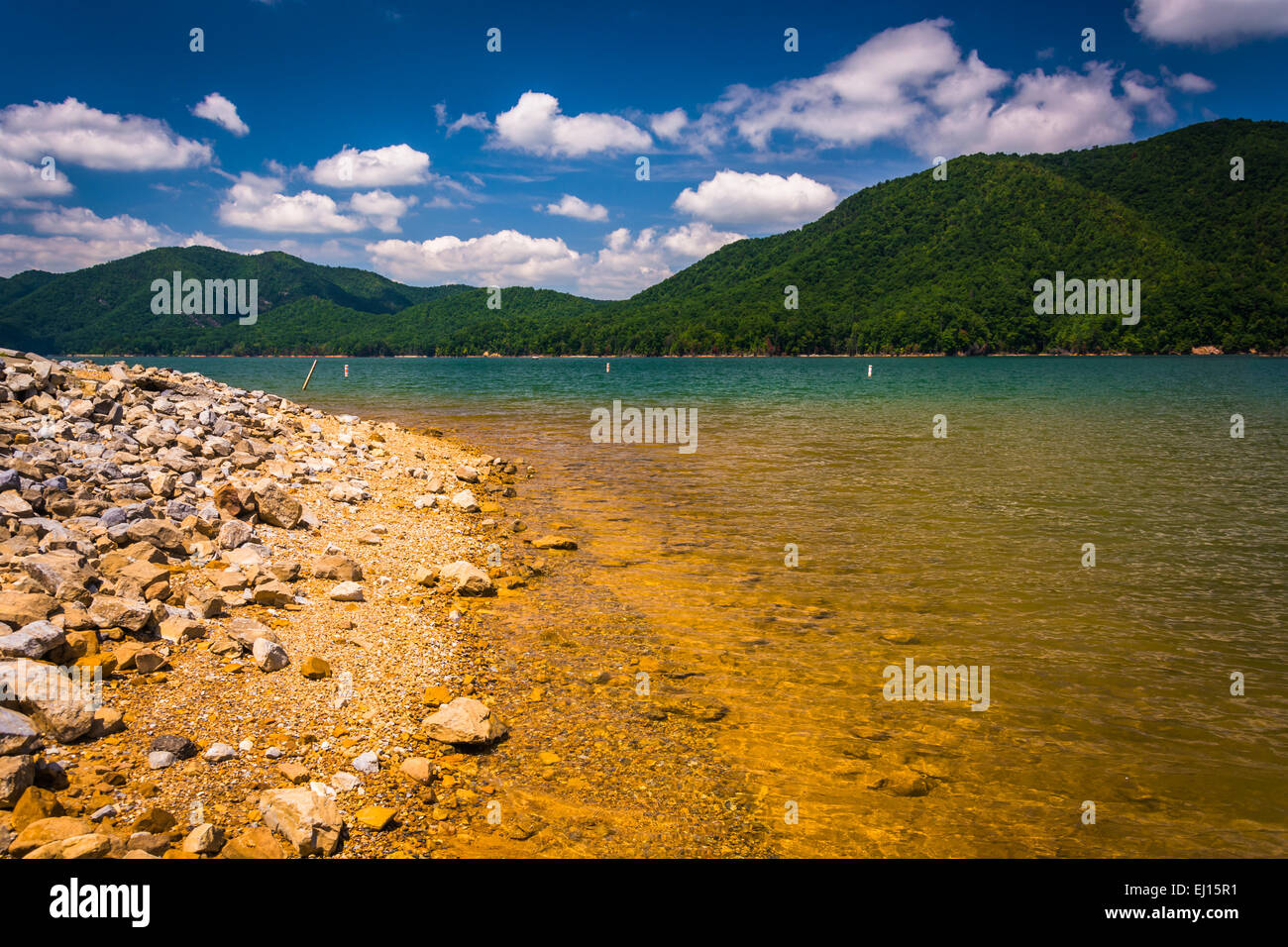 The rocky shore of Watauga Lake, in Cherokee National Forest, Tennessee ...
