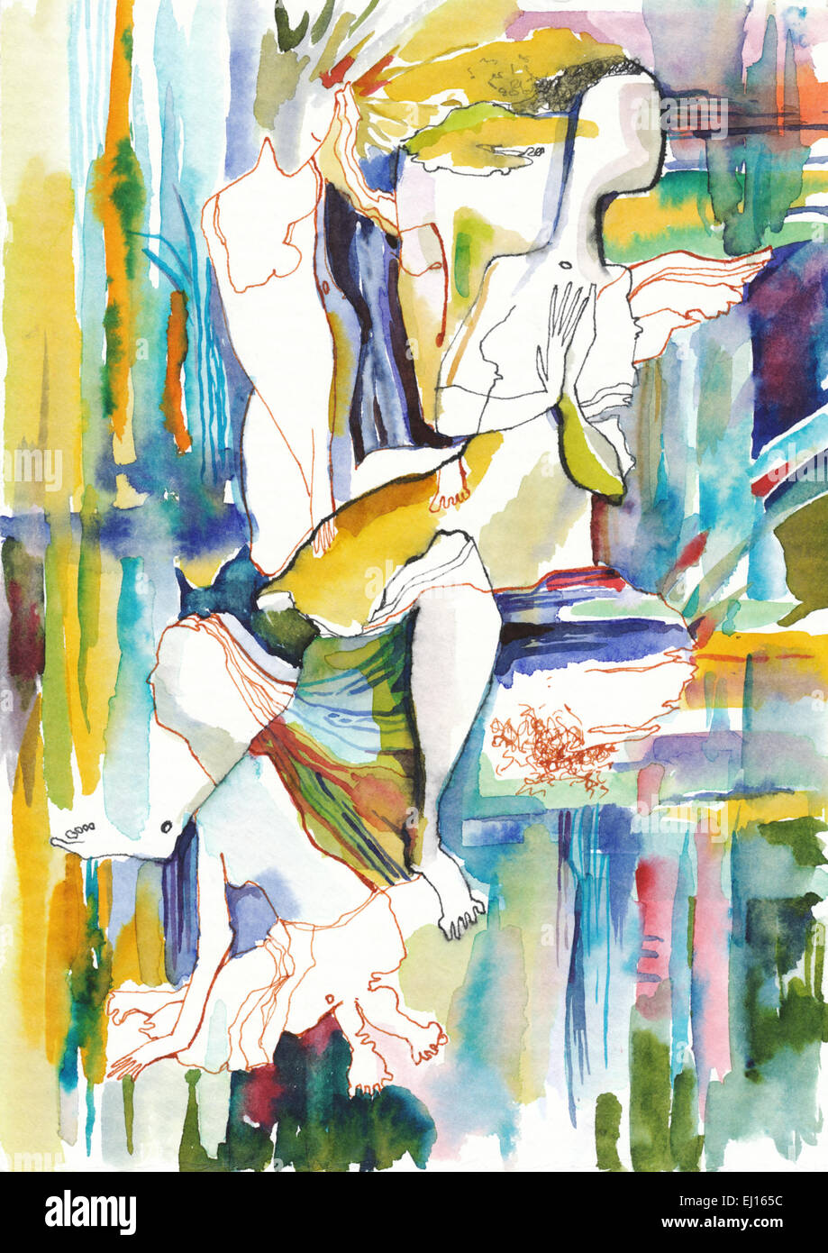 hand drawing picture, water colors and ink, abstract people, figures ...