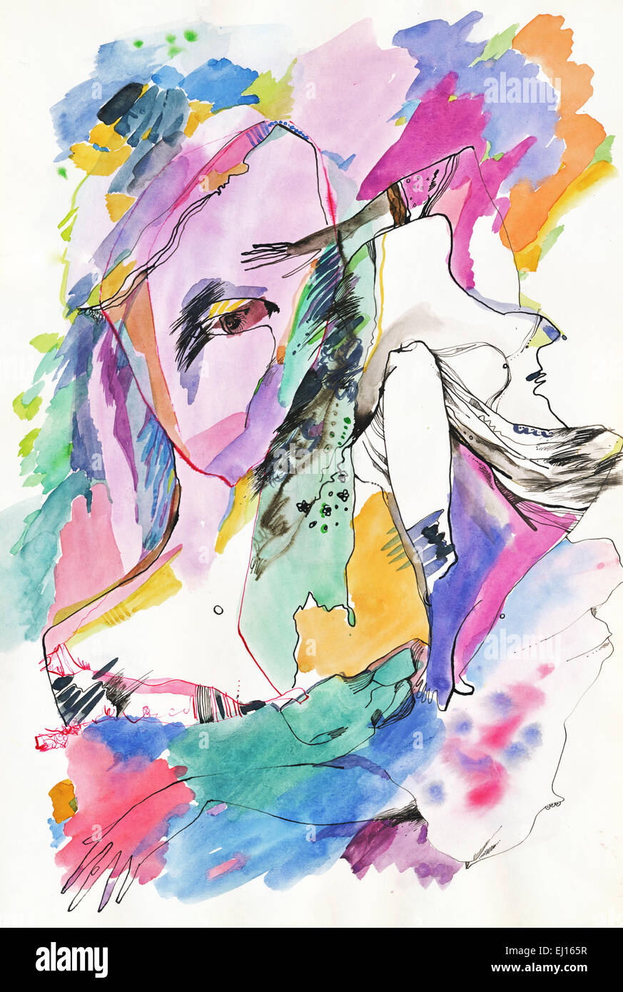 hand drawing picture, womans face and abstract figure in front of ...