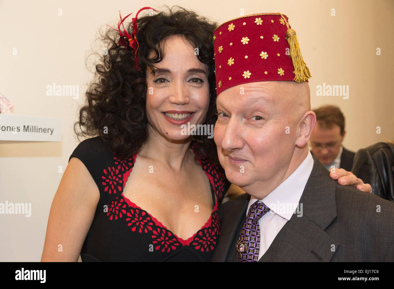 London, UK. 26 February 2015. Mouna Rebeiz poses with milliner Stephen ...