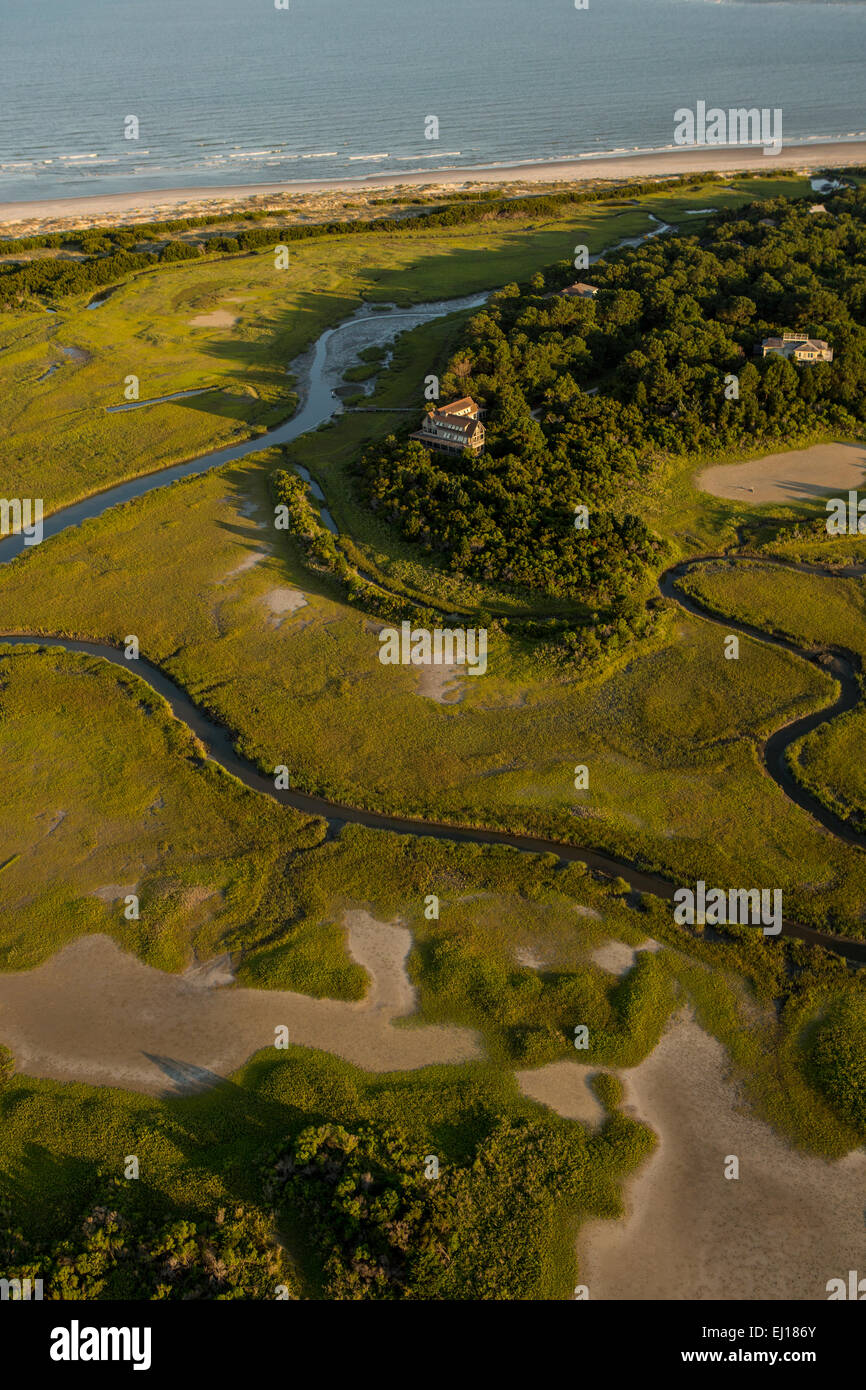 Aerial view of an estate home on Dewees Island along the Atlantic Ocean ...