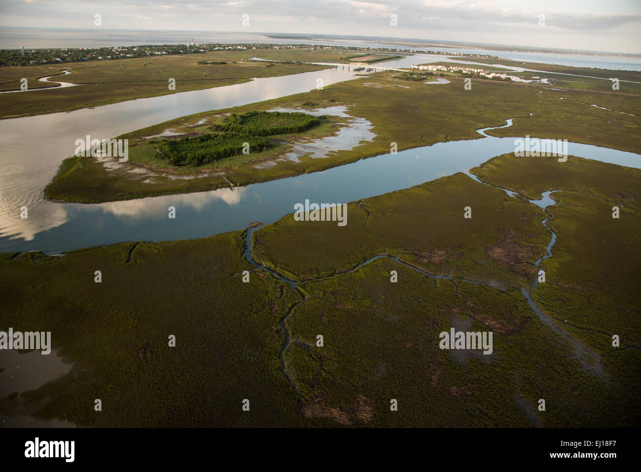 Aerial view of the tidal marsh looking toward Sullivan's Island in ...
