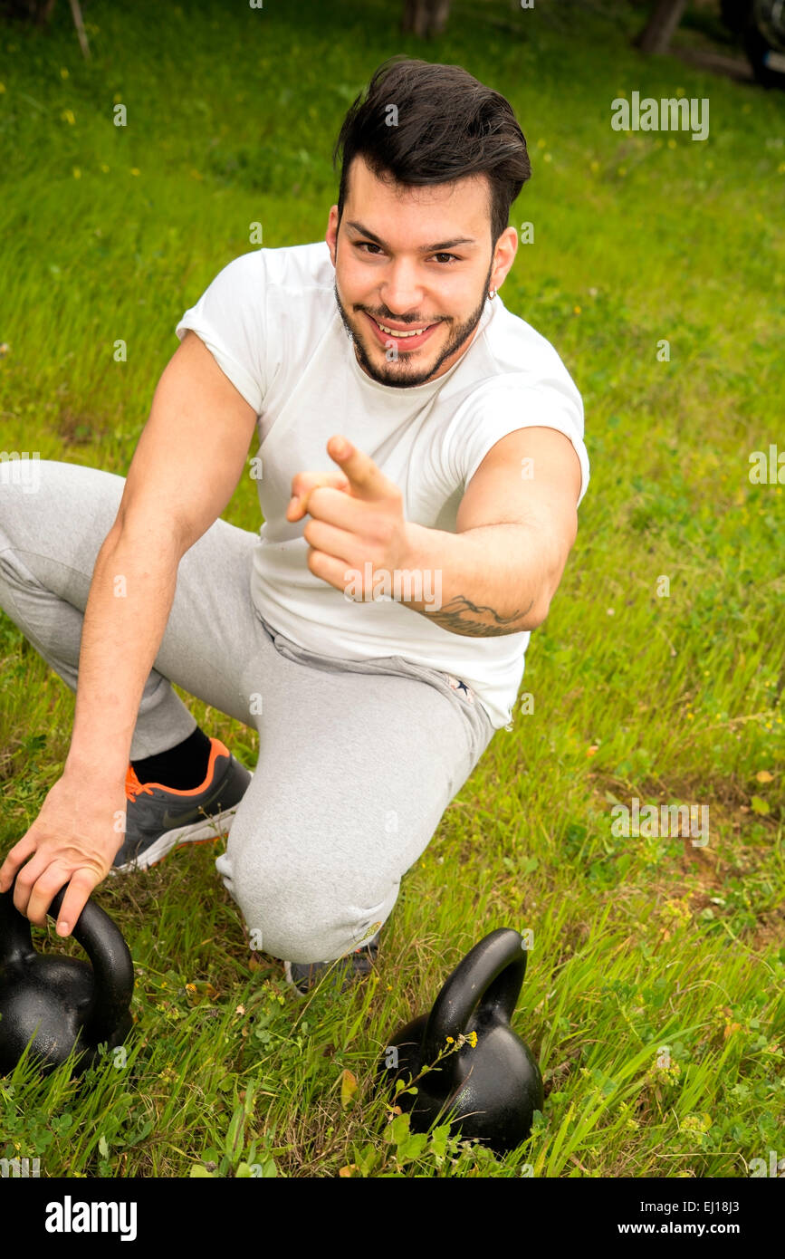 portrait of young athletic male model laughing after sport time Stock ...