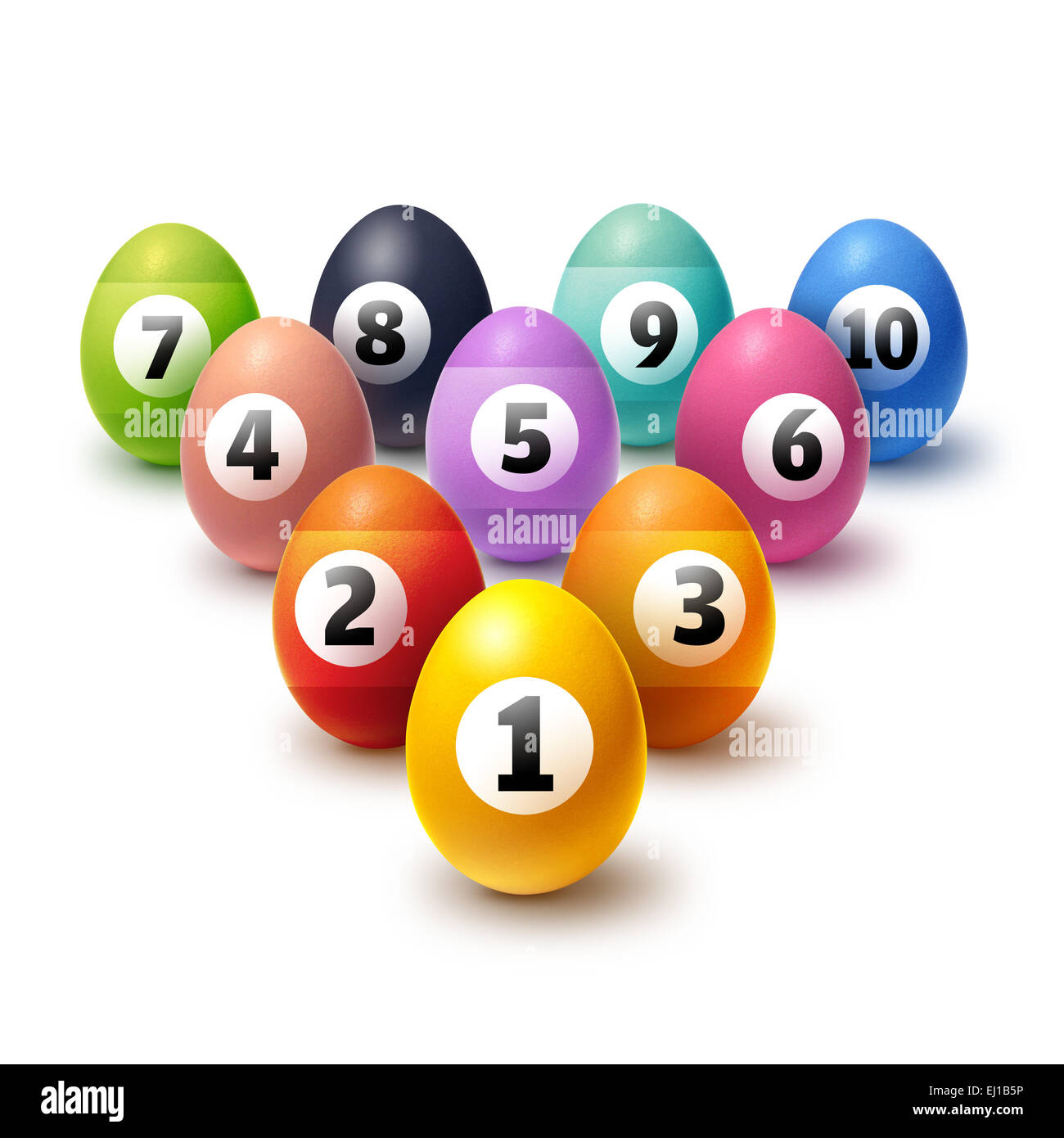 Decorated Easter eggs looking like billiard balls, aligned in triangle ...