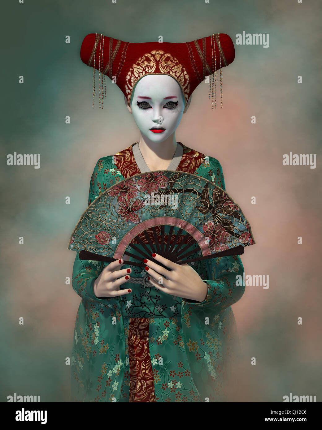 3d computer graphics of a girl with Japanese fantasy clothing and fan ...