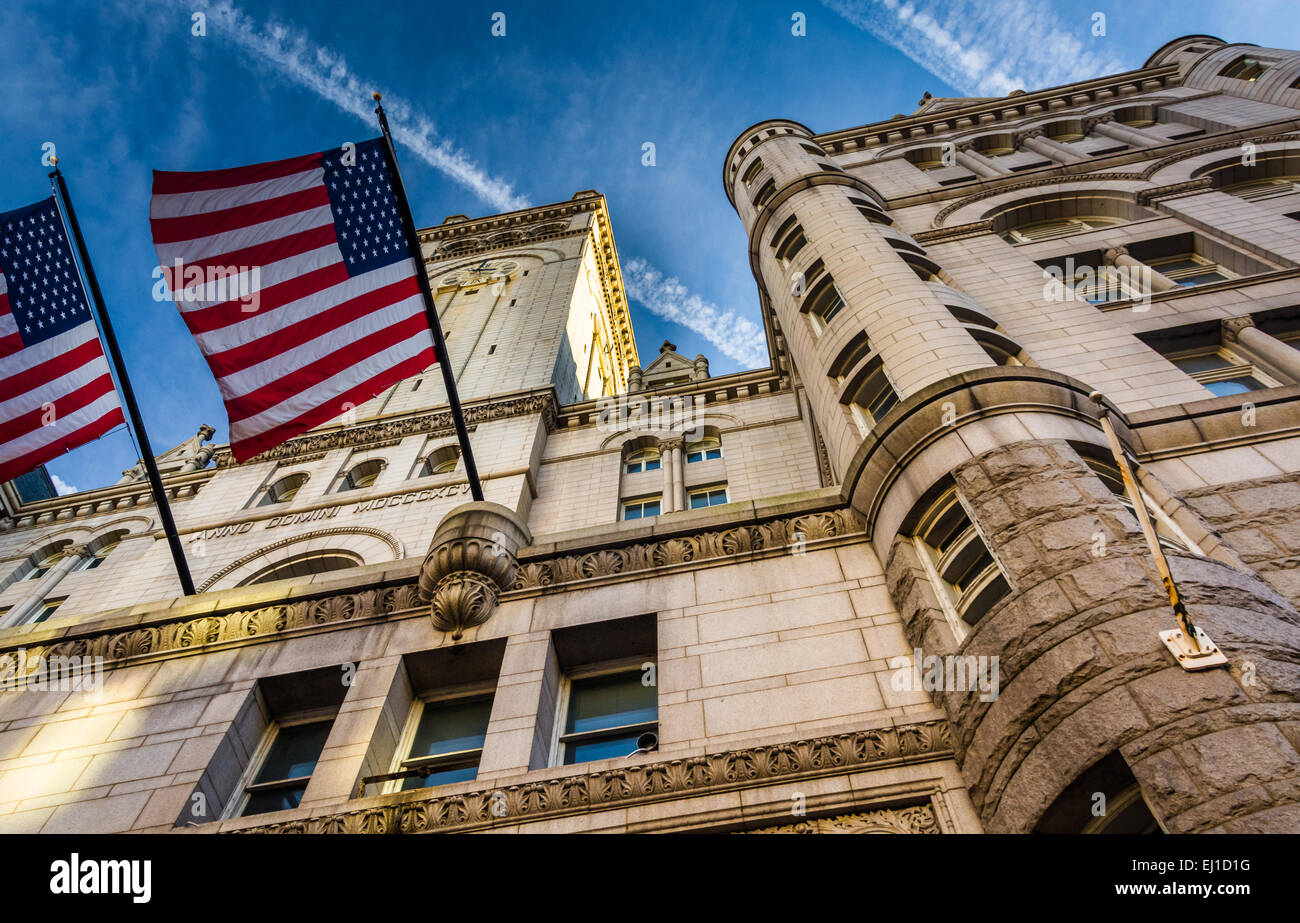Flags and exterior architecture at the Old Post Office in Washington ...