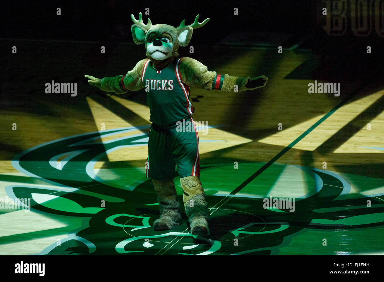 Milwaukee, WI, USA. 18th Mar, 2015. Bango the Bucks mascot entertains ...