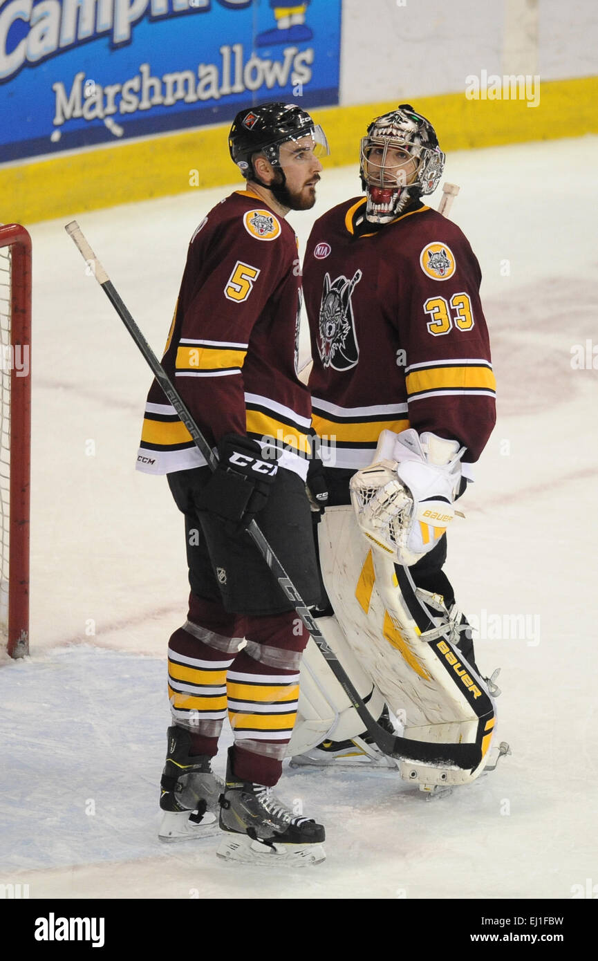 Rosemont, IL, USA. 19th Mar, 2015. Chicago Wolves' Matt Climie (33) and ...