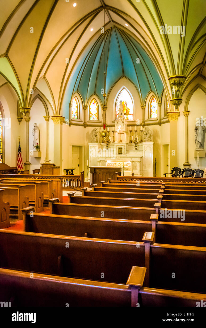 Pews and interesting architecture in St. Peter's Roman Catholic Church ...