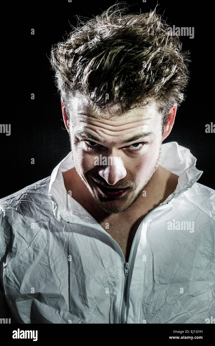 Obscure Freaky Smiling Psycho Man Portrait Over Black Stock Photo - Alamy