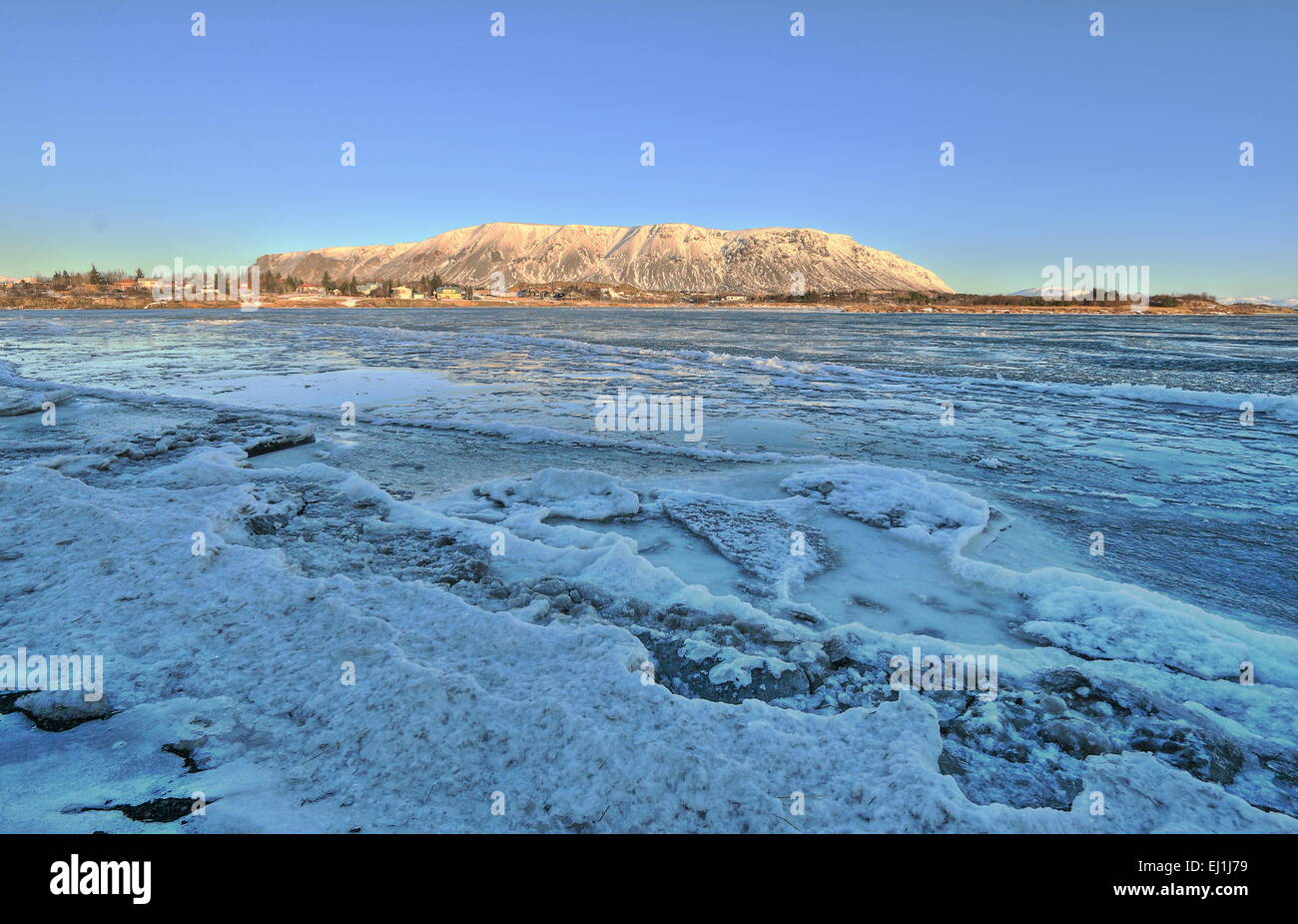 Frozen river in Selfoss, Iceland, during the middle of winter Stock ...