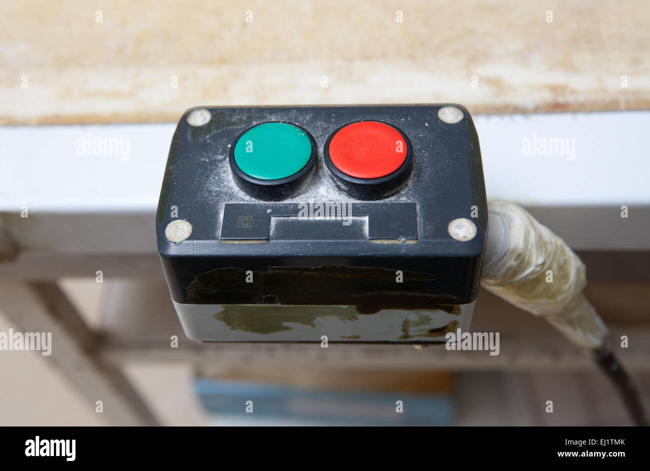 Start stop buttons console over bakery machine full of flour dust Stock ...