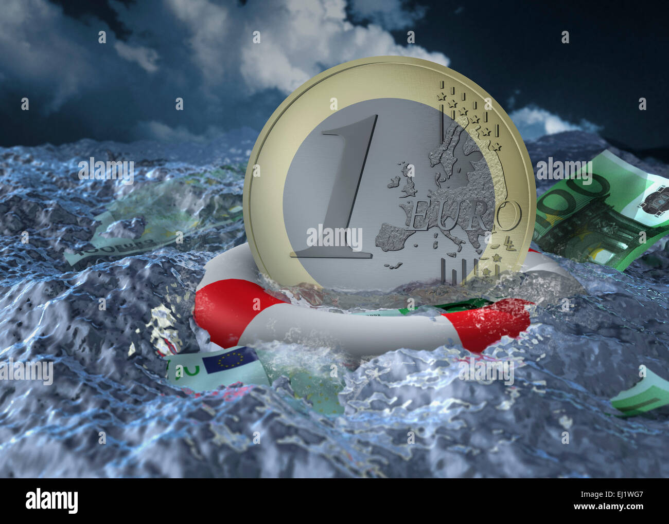 Euro coin floating in water with a life buoy Stock Photo - Alamy
