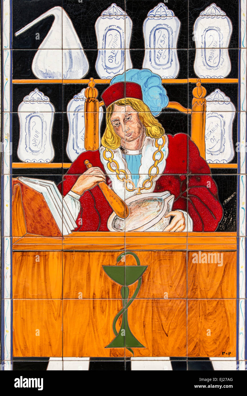 Close up view of a hand painted scene depiction of a vintage pharmacist ...