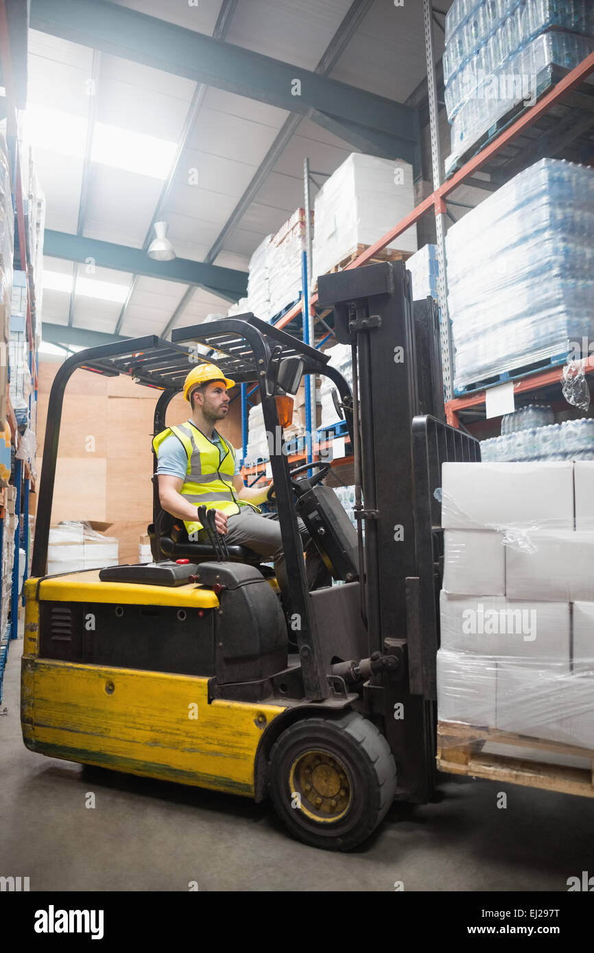 Focused driver operating forklift machine Stock Photo - Alamy
