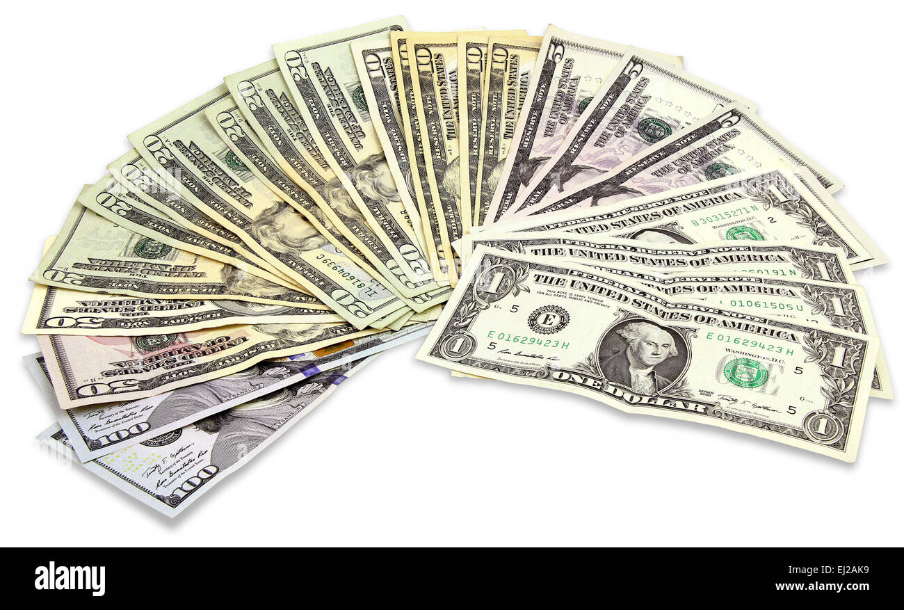 Many dollars banknotes isolated on a white background Stock Photo - Alamy