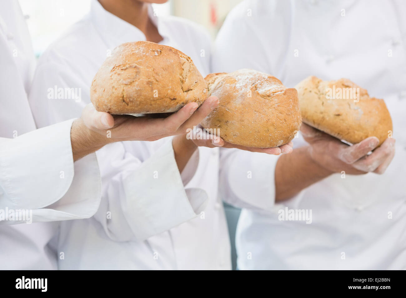 Colleagues holding loaf of bread together Stock Photo - Alamy