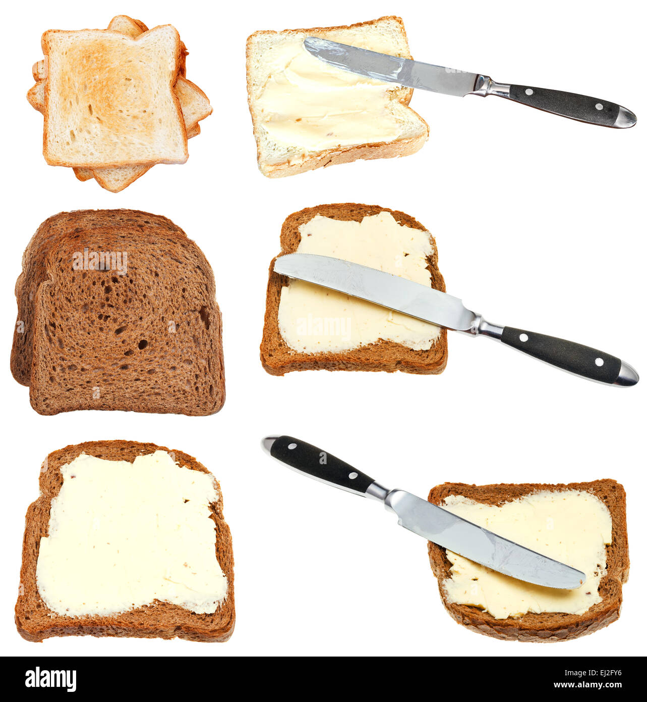 set of bread toasts with butter isolated on white background Stock ...