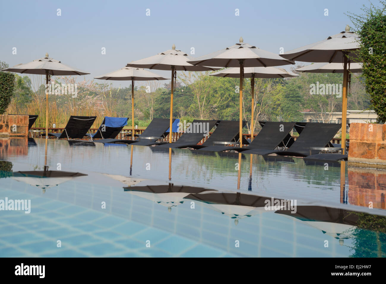 Swimming Pool and Daybeds ready for guests Stock Photo - Alamy