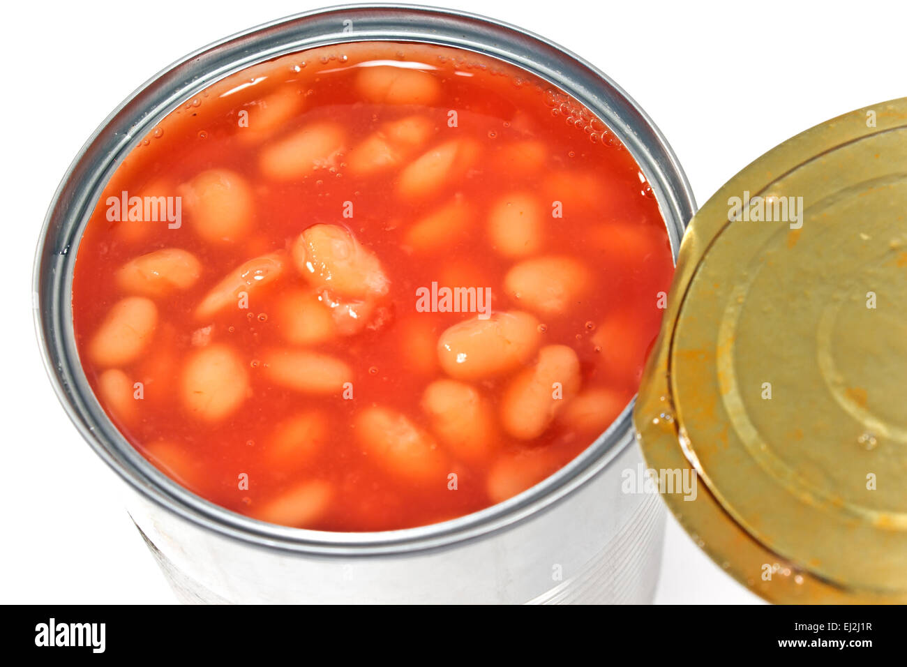 Open tin can of beans on white Stock Photo - Alamy
