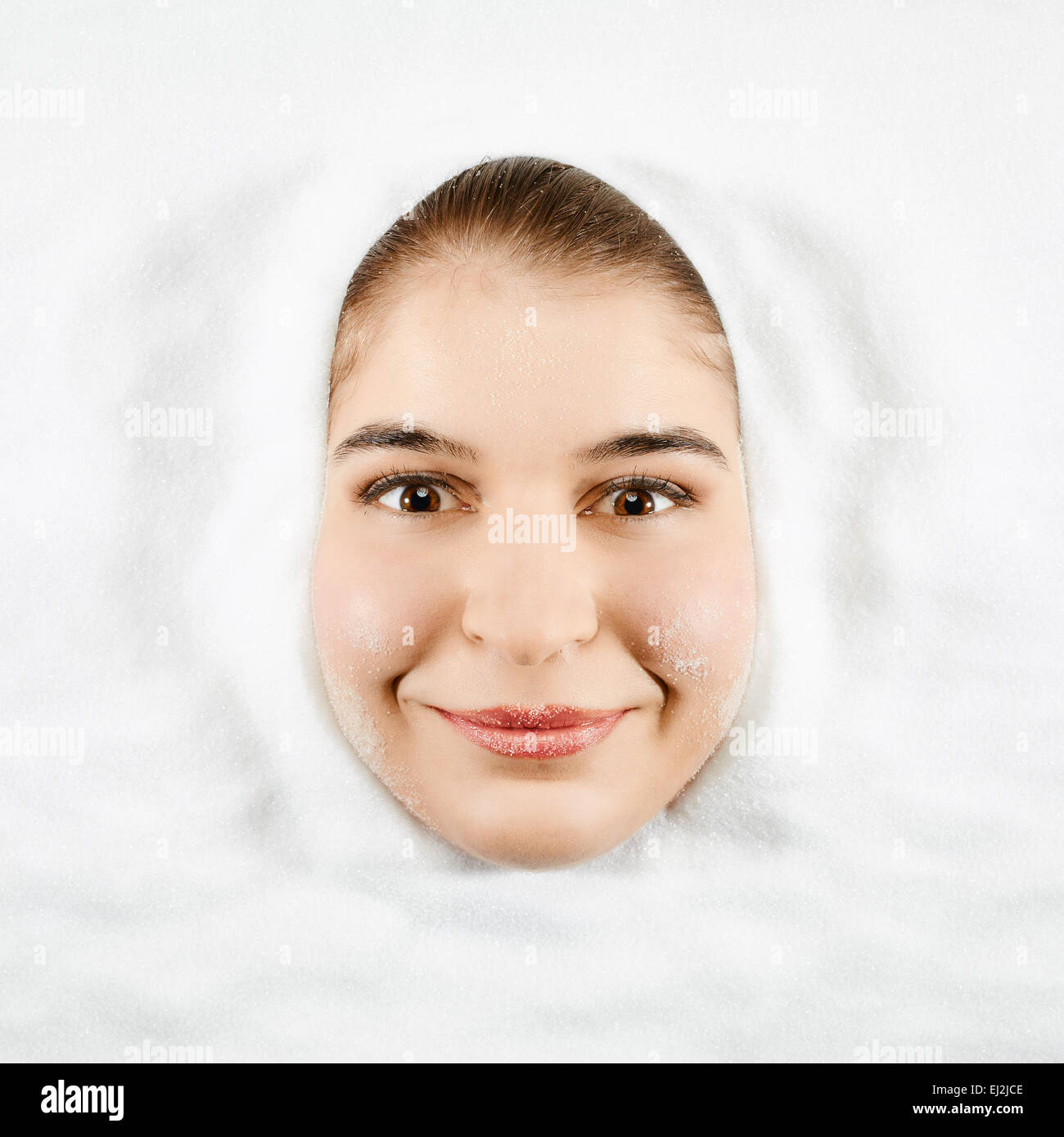 Beautiful woman expression face with white sugar frame Stock Photo - Alamy