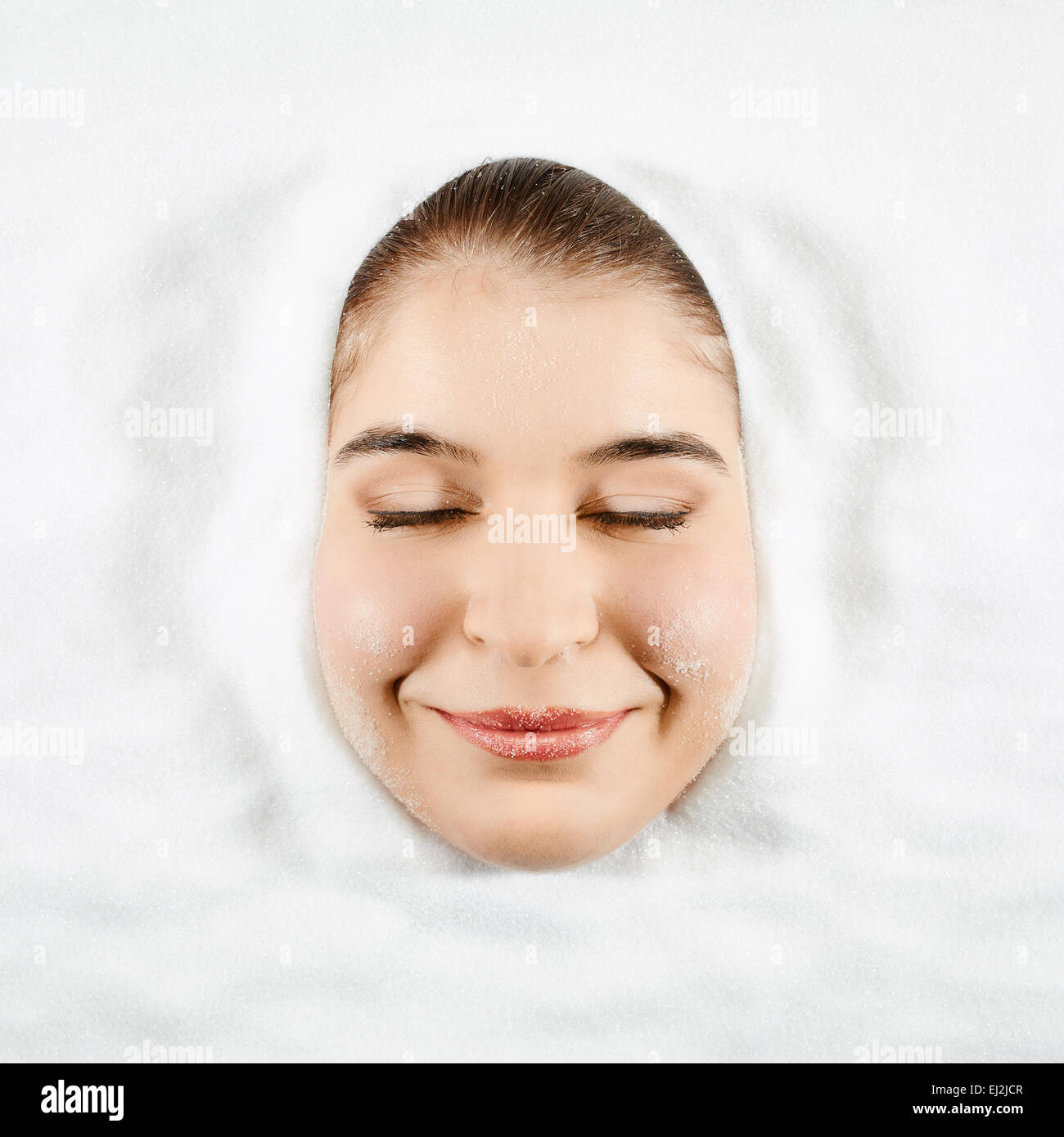 Beautiful woman expression face with white sugar frame Stock Photo - Alamy