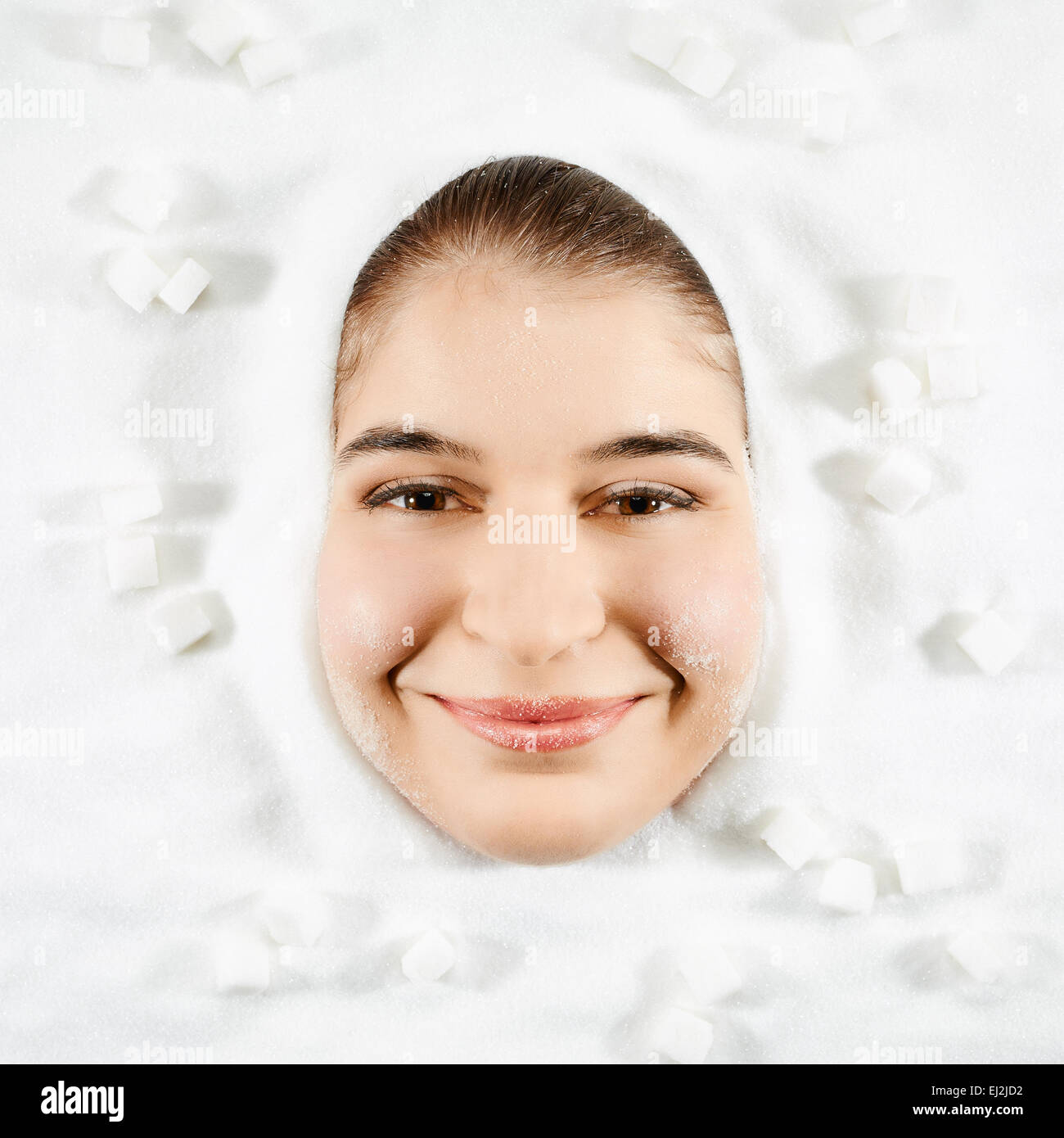 Beautiful woman expression face with white sugar frame Stock Photo - Alamy